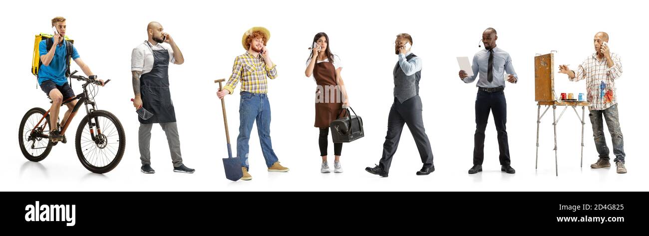 Group of people with different professions on white studio background ...