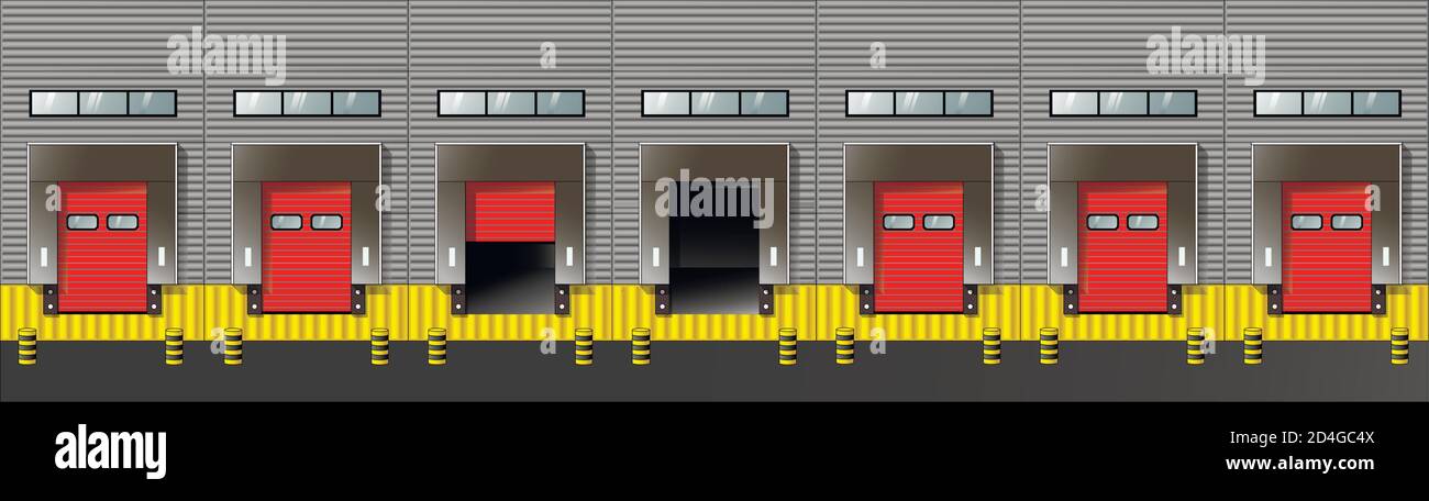 The concept of a large distribution warehouse with a gate for loading ...