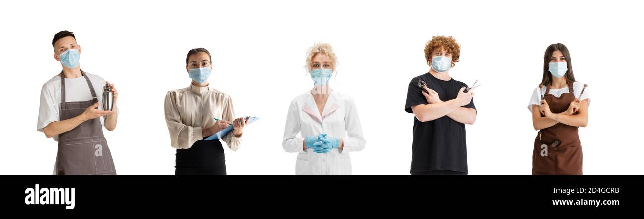 Group of people with different professions on white studio background ...