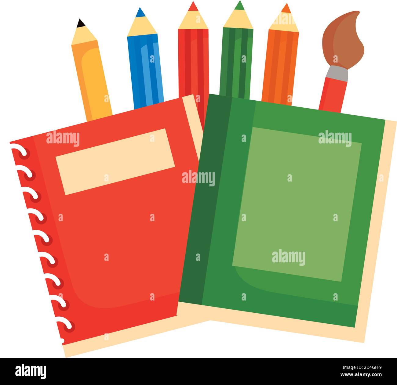 notebooks school with colors pencils and paint brush flat style icon ...