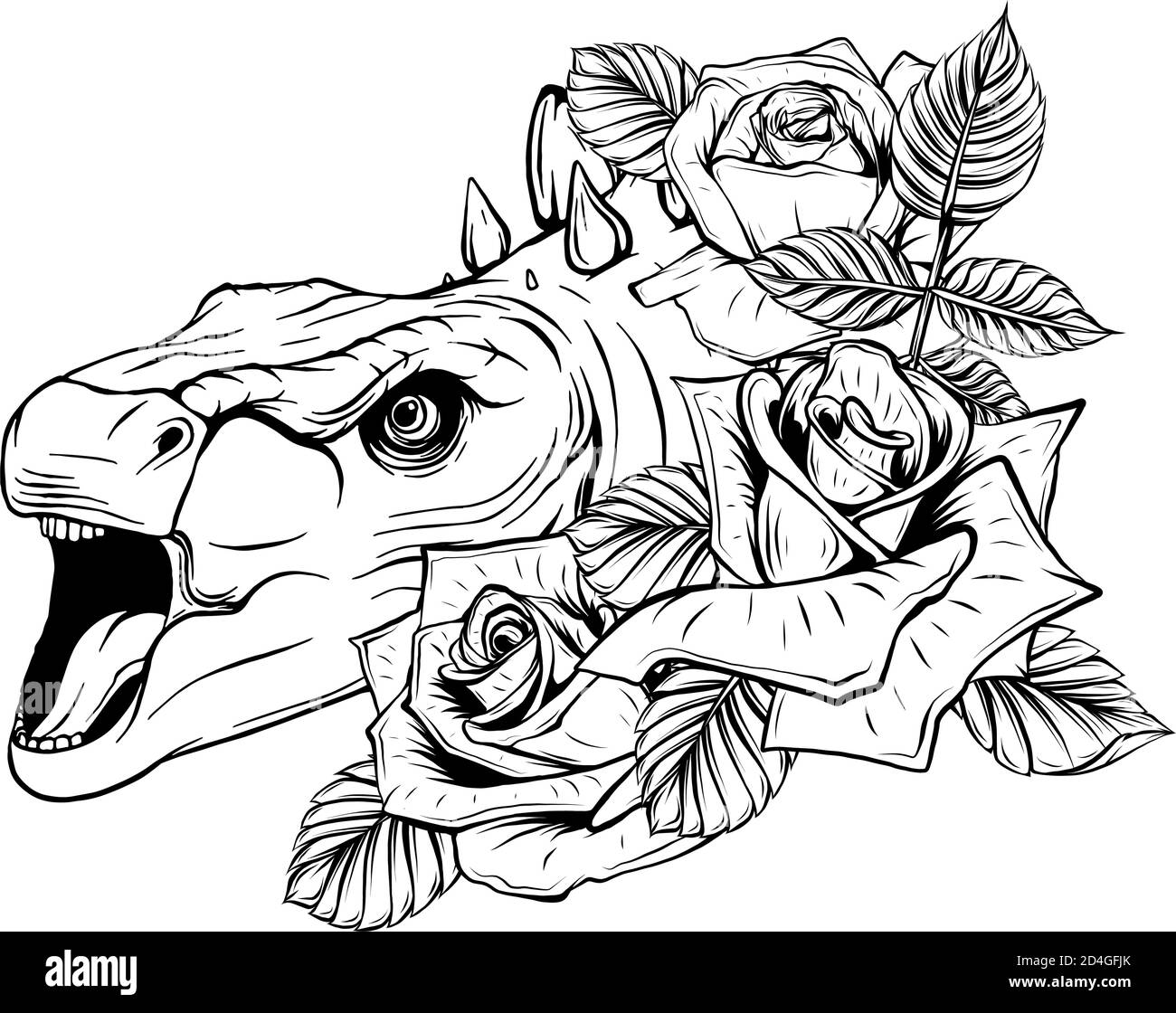dinosaur and roses frame. vector design. Concept art drawing Stock ...