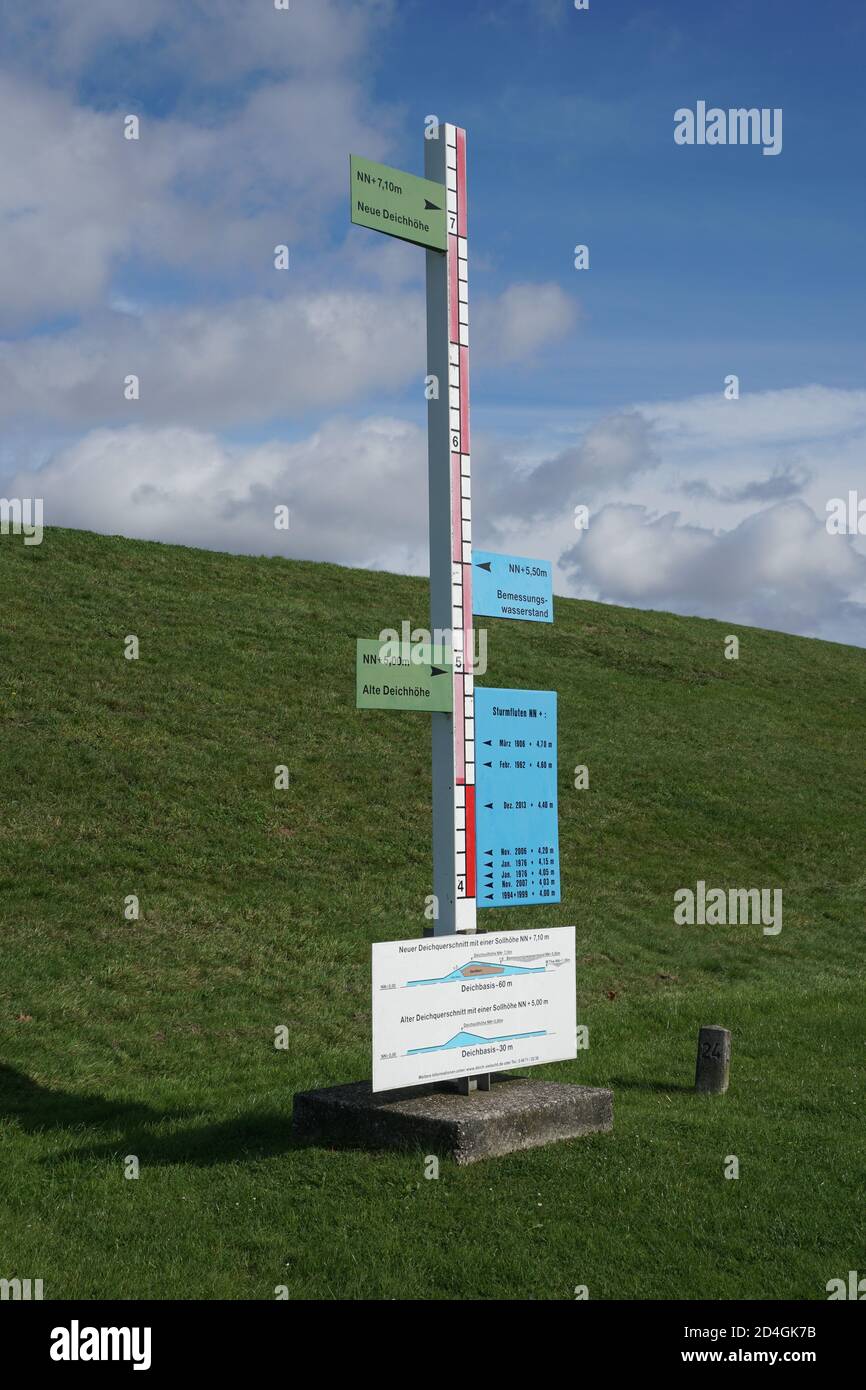 Marker board showing extent of historic high tides with sea defence ...