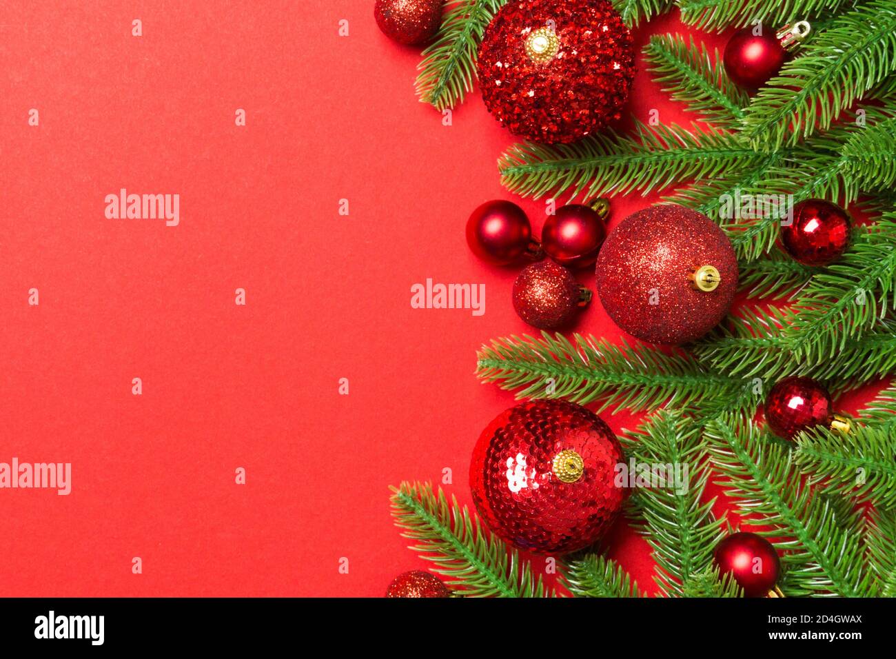 Christmas composition made of fir tree, balls and different decorations ...