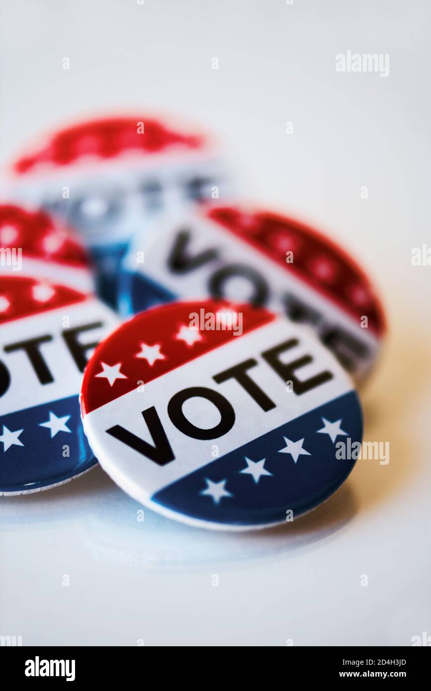 closeup of some vote badges for the United States election on an off ...