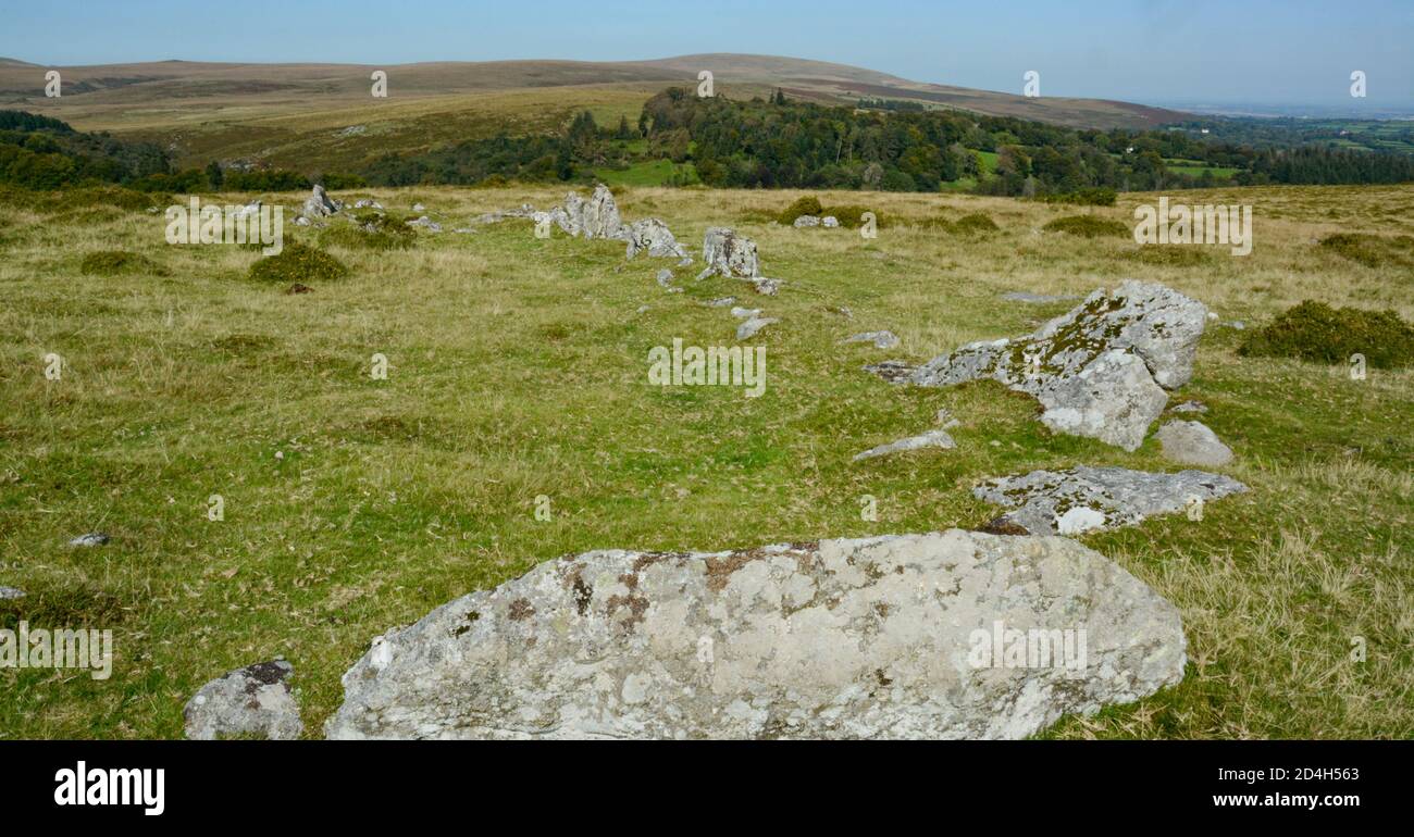 Hut circles on Chagford Common, Dartmoor, Devon Stock Photo - Alamy