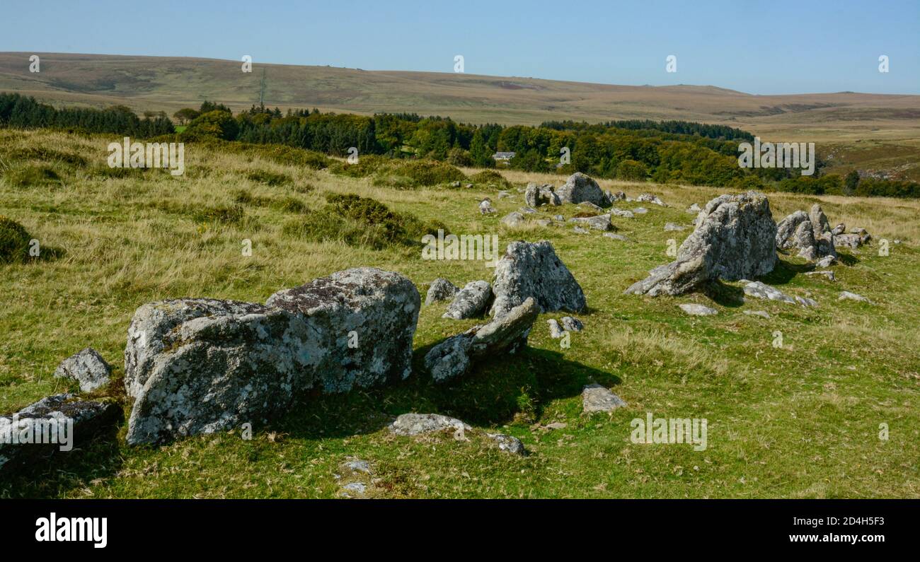 Hut circles on Chagford Common, Dartmoor, Devon Stock Photo - Alamy