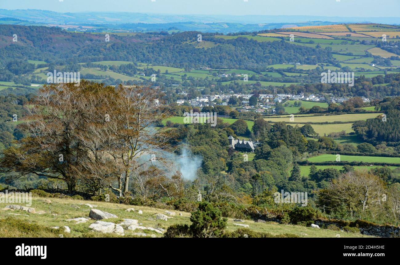 View northeast from Chagford Common Dartmoor, Devon, with the village ...