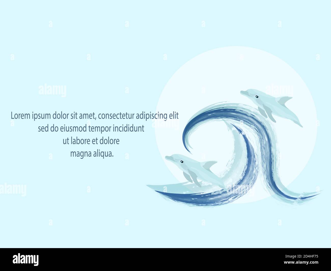 Jumping dolphins and blue wave. Light blue background and space for ...