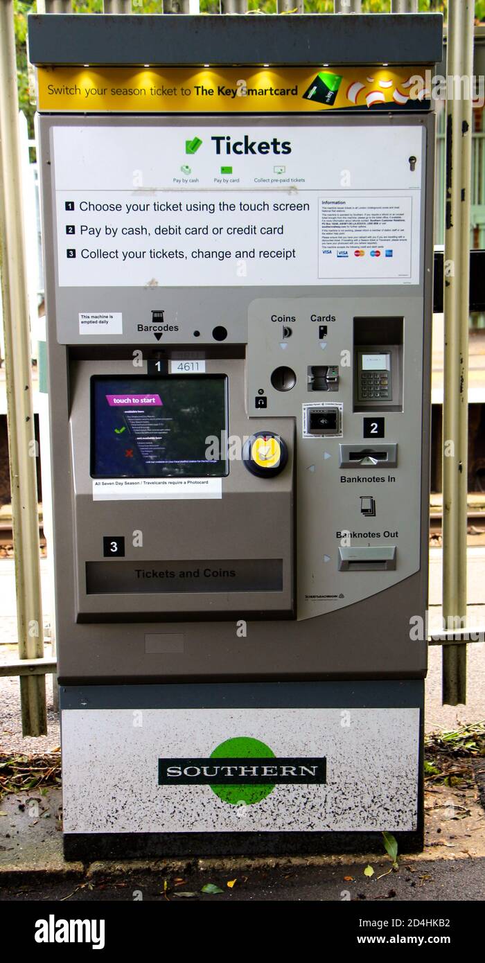 Rail ticket machine at the entrance to Riddlesdown Station Surrey ...