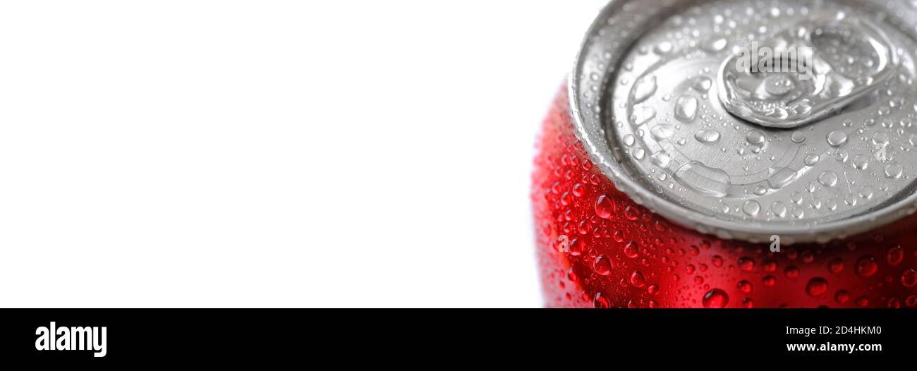 Fresh can of soda pop soft drink with water drops chilled and ...