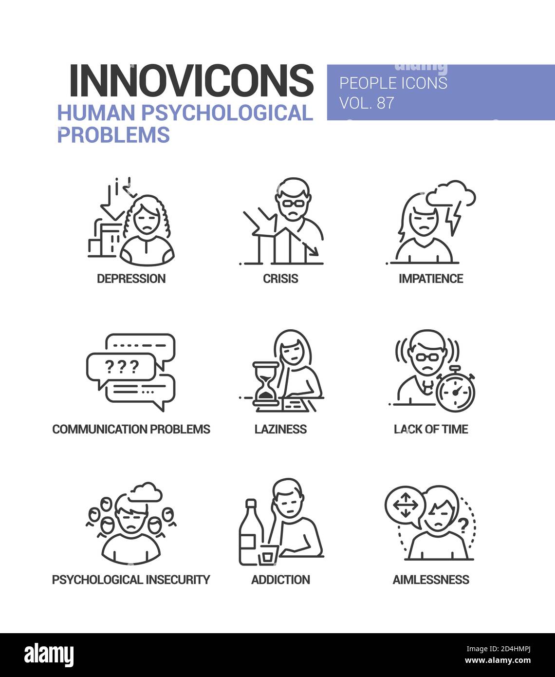 Human psychological problems line design style icons set Stock Vector ...