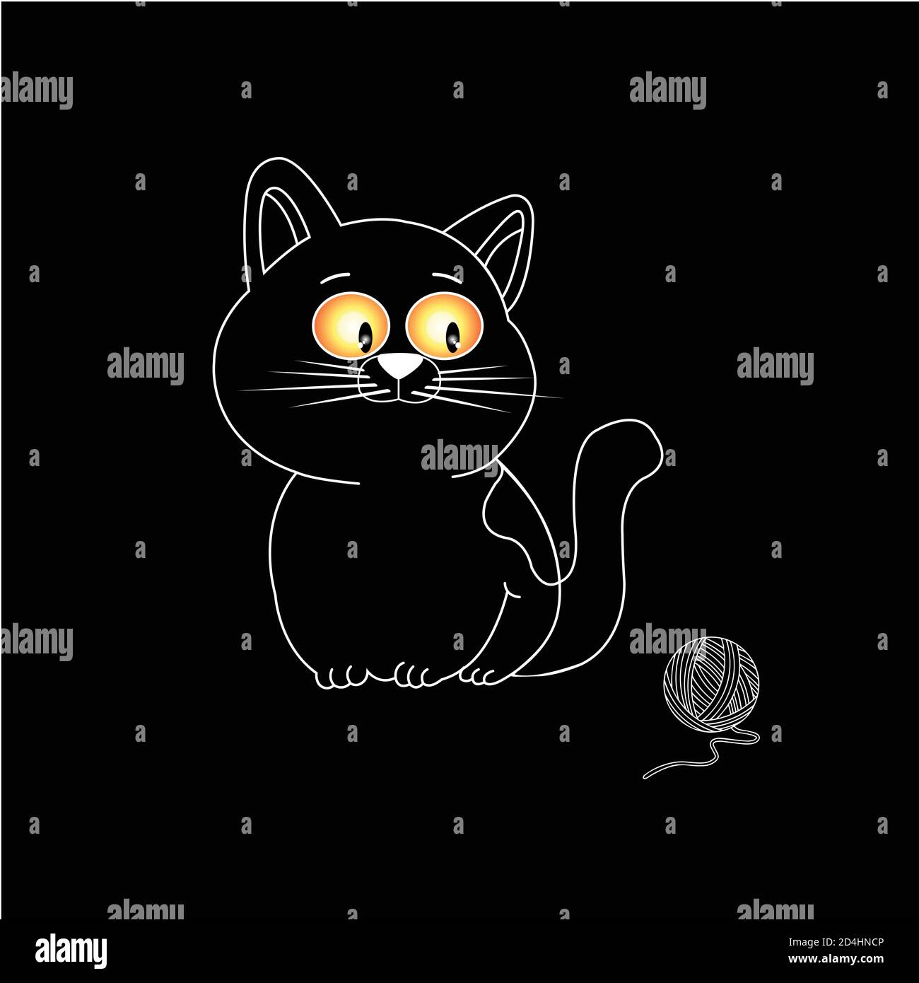 Cat and ball of threads. Line drawing isolated on black background ...