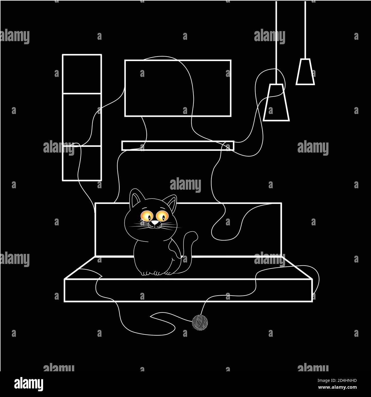 Cat and ball of threads. Mess in living room. Line drawing isolated on ...