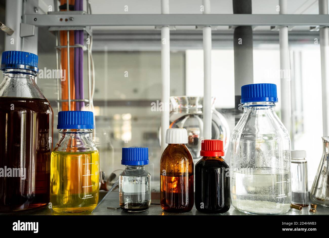 Stock solutions for biochemistry experiments, bottles with various ...