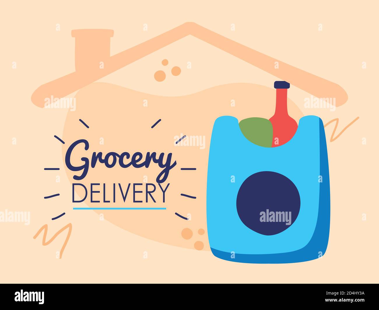 grocery delivery lettering with shopping bag in house vector ...