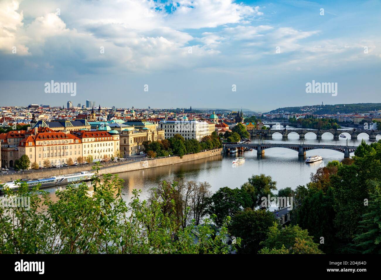 Bridges over Vltava (Moldau) River and boats, from Letenske Park ...