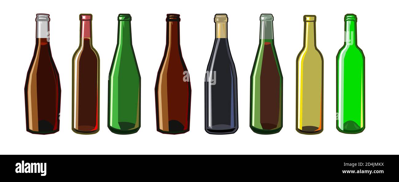 The bottles. Vector. Wine bottles of different colors in cartoons flat ...