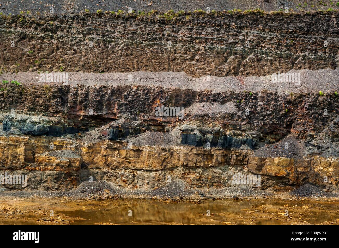 Distance shot of a prominent coal seam sandwiched between shale above ...