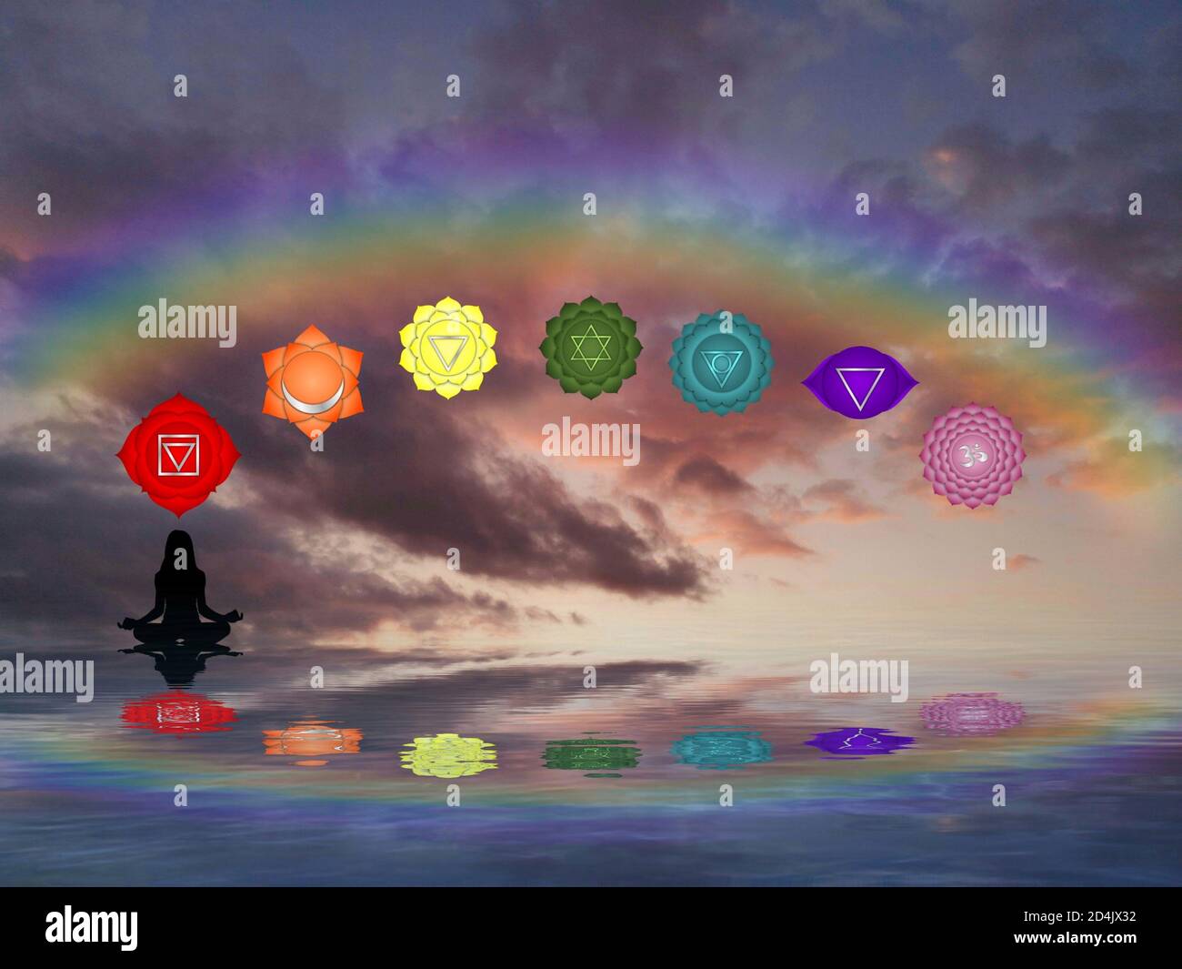 Spiritual background with chakras, human silhouette and sacred geometry ...