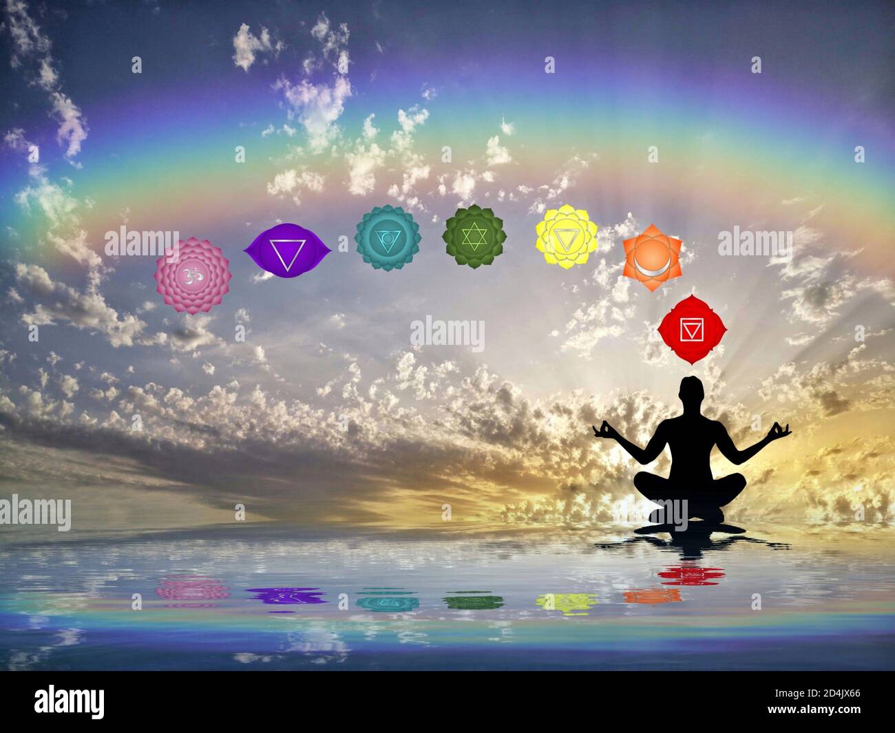 Spiritual background with chakras, human silhouette and sacred geometry ...