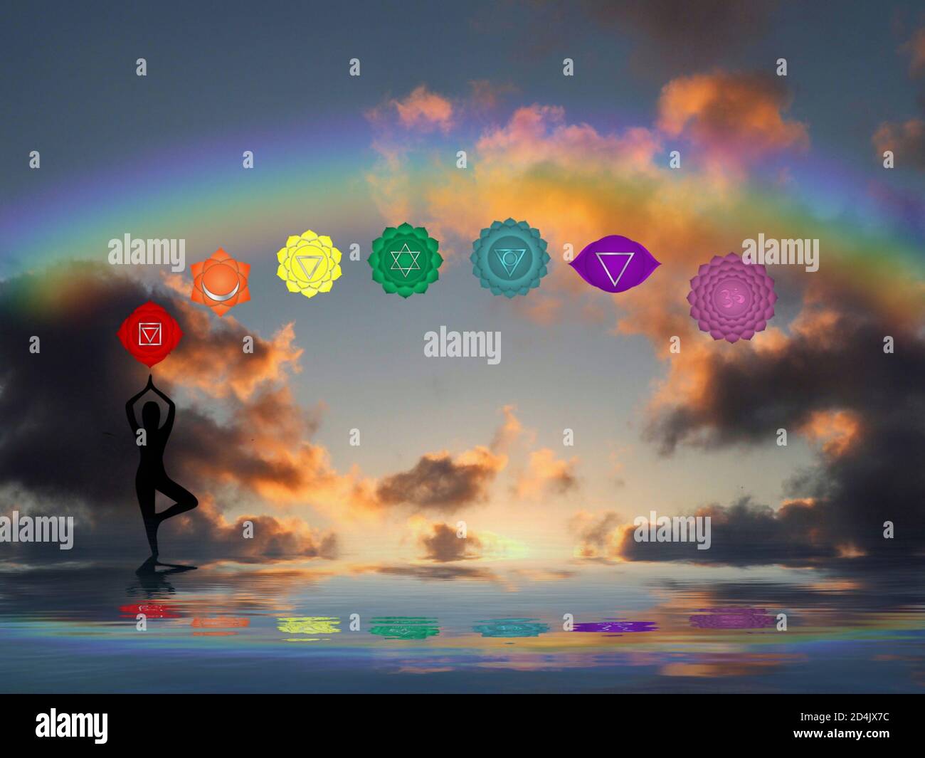 Spiritual background with chakras, human silhouette and sacred geometry ...