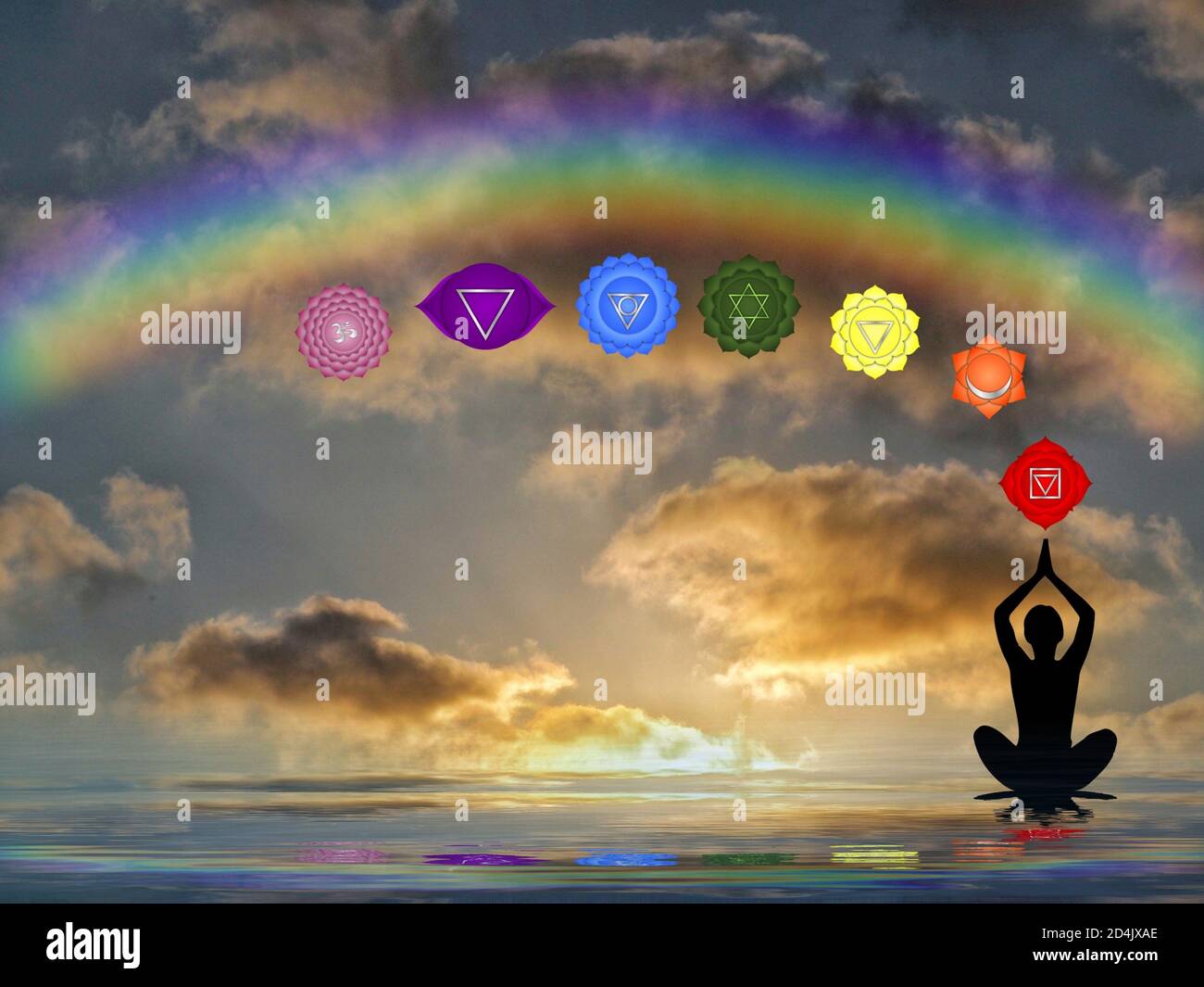 Spiritual background with chakras, human silhouette and sacred geometry ...