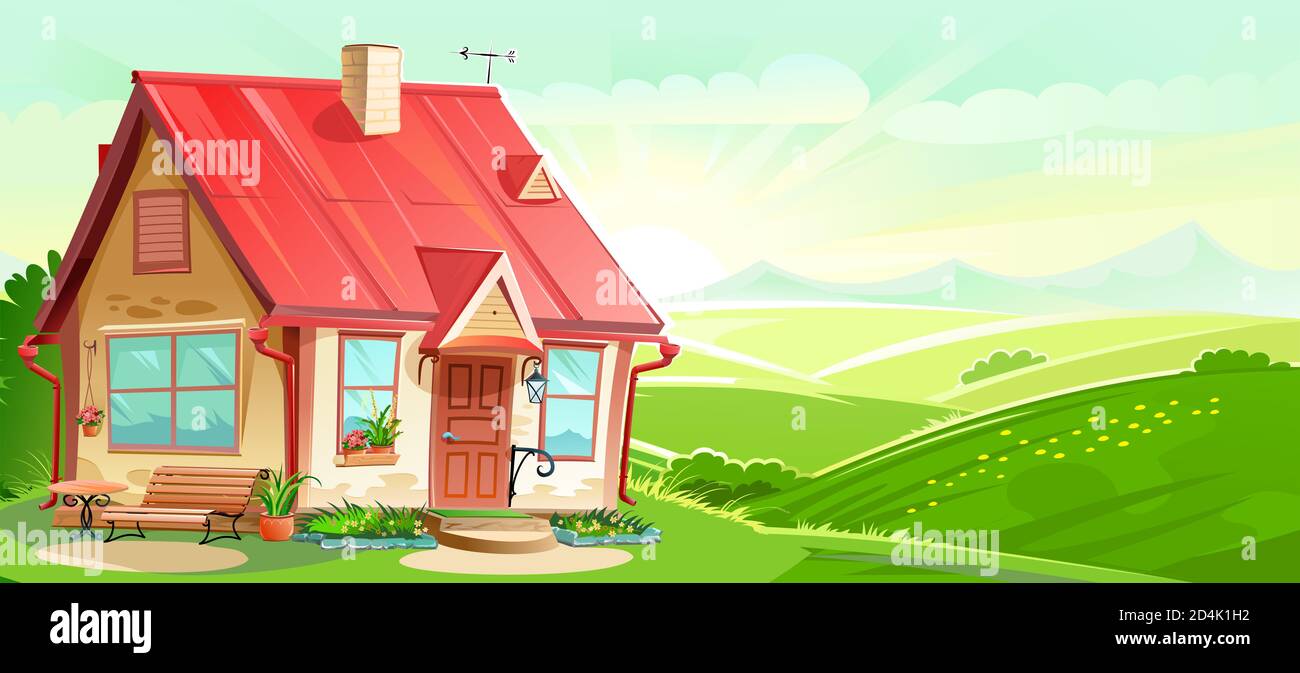Cartoon house and landscape vector. Rural Village Scenery with green ...