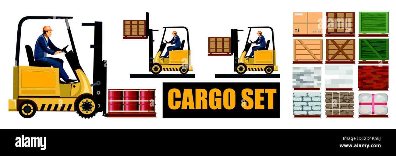 Forklift. Vector. Loading boxes, bricks, stones, barrels, cardboard ...