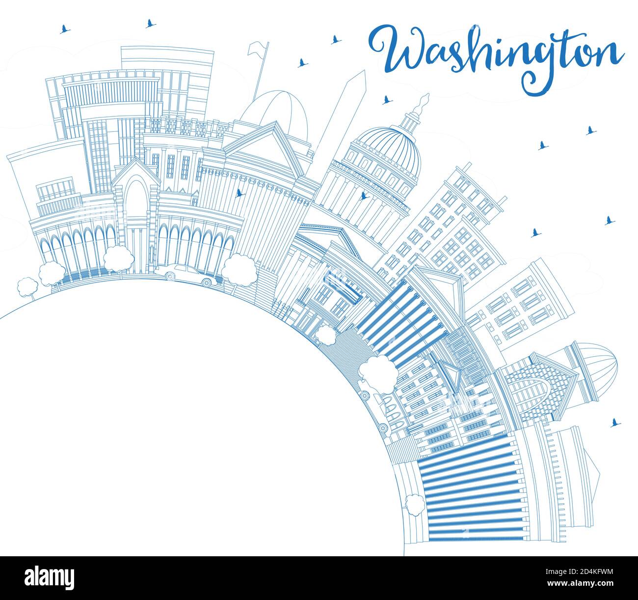 Outline Washington DC USA City Skyline with Blue Buildings and Copy ...