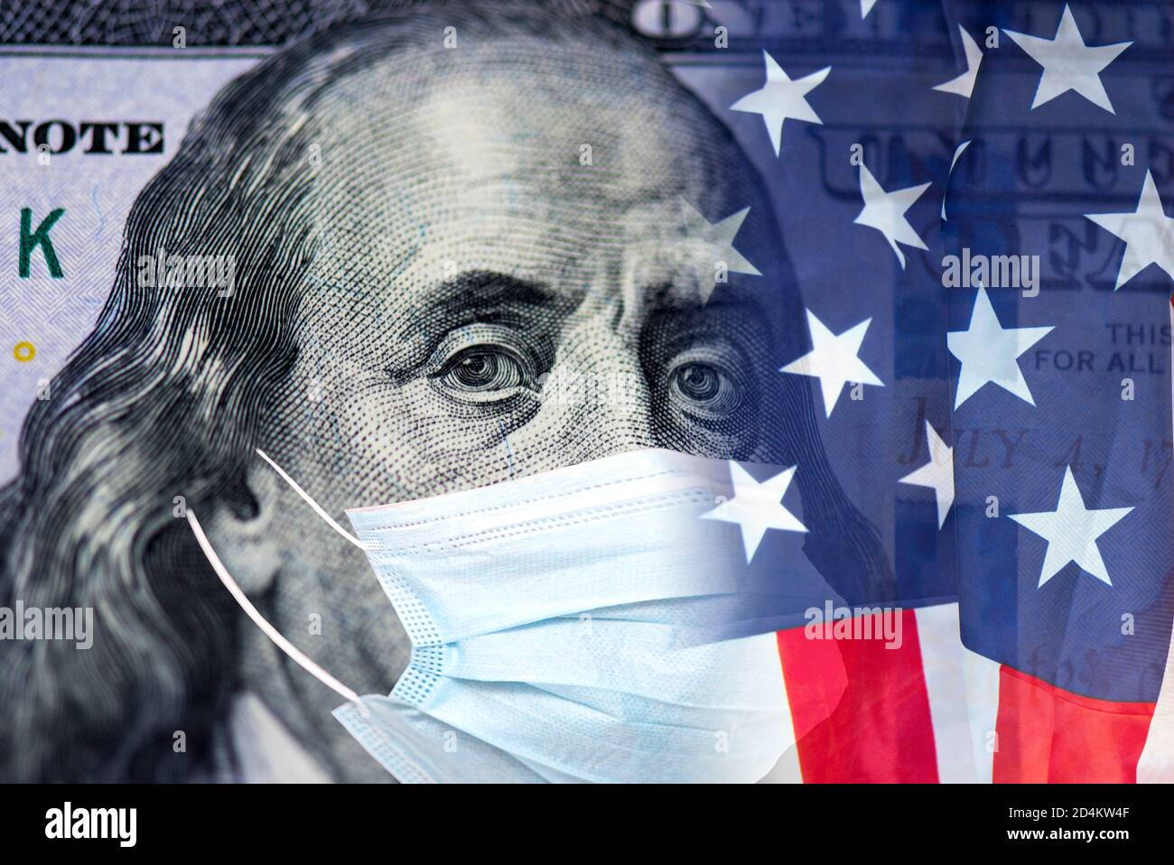 USA dollar money bill with face mask and USA flag, concept picture ...