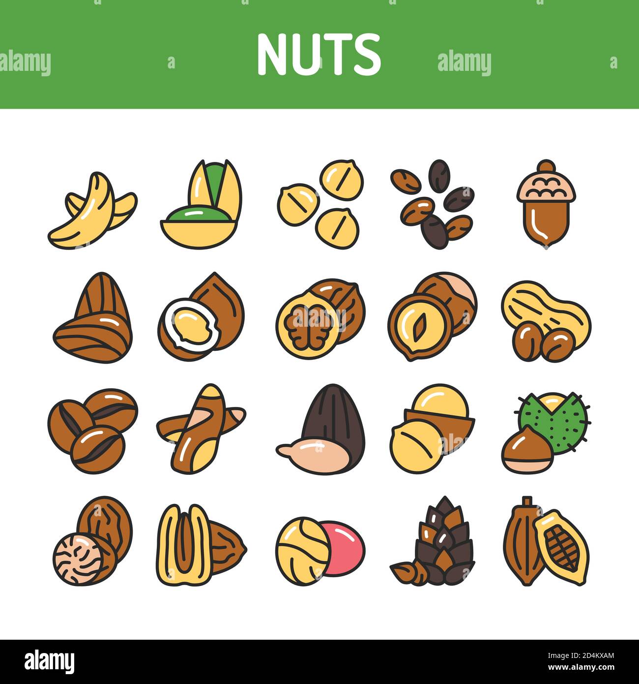 Nuts and seeds color line icons set. Isolated vector element. Outline ...