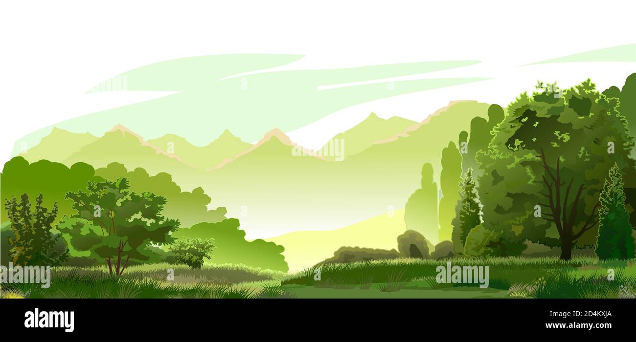 Forest, mountains in the distance. Vector. Green beautiful landscape ...