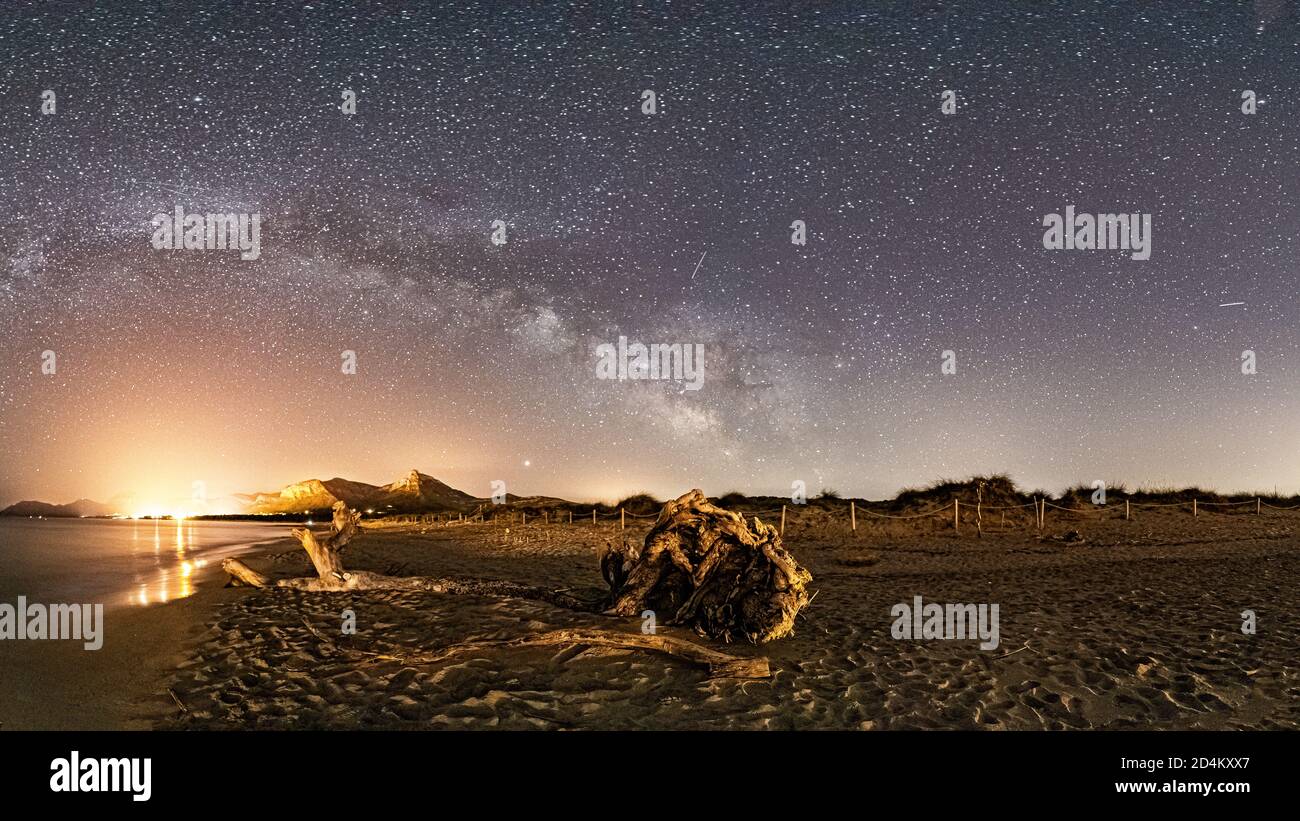 Old trunk stranded on the beach of Son Serra de Marina, a starry night ...