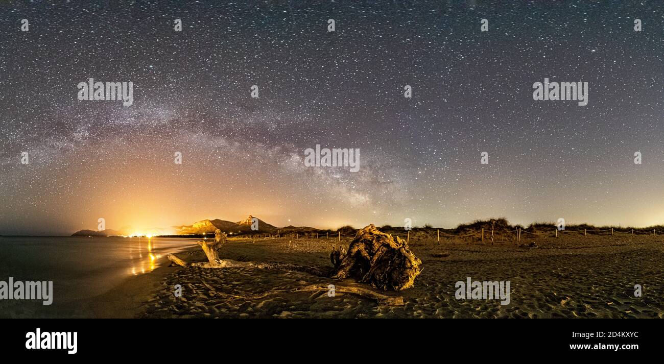 Old trunk stranded on the beach of Son Serra de Marina, a starry night ...