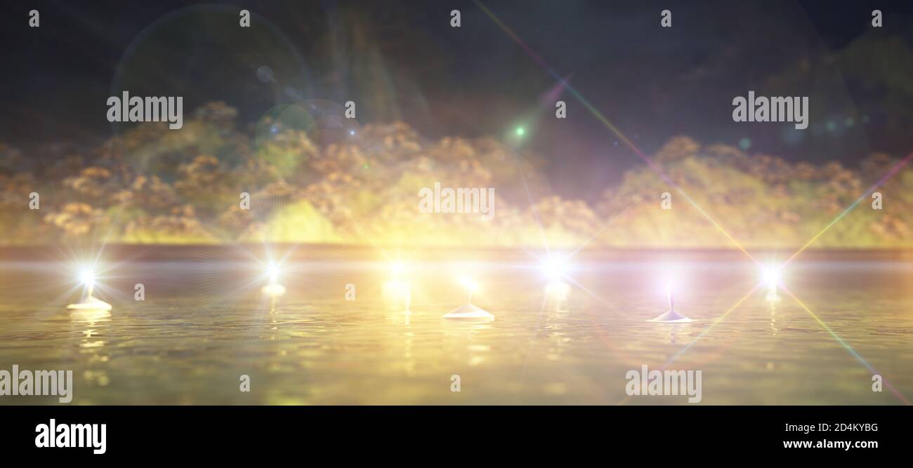 Abstract night background with candles in the water, 3d rendering ...