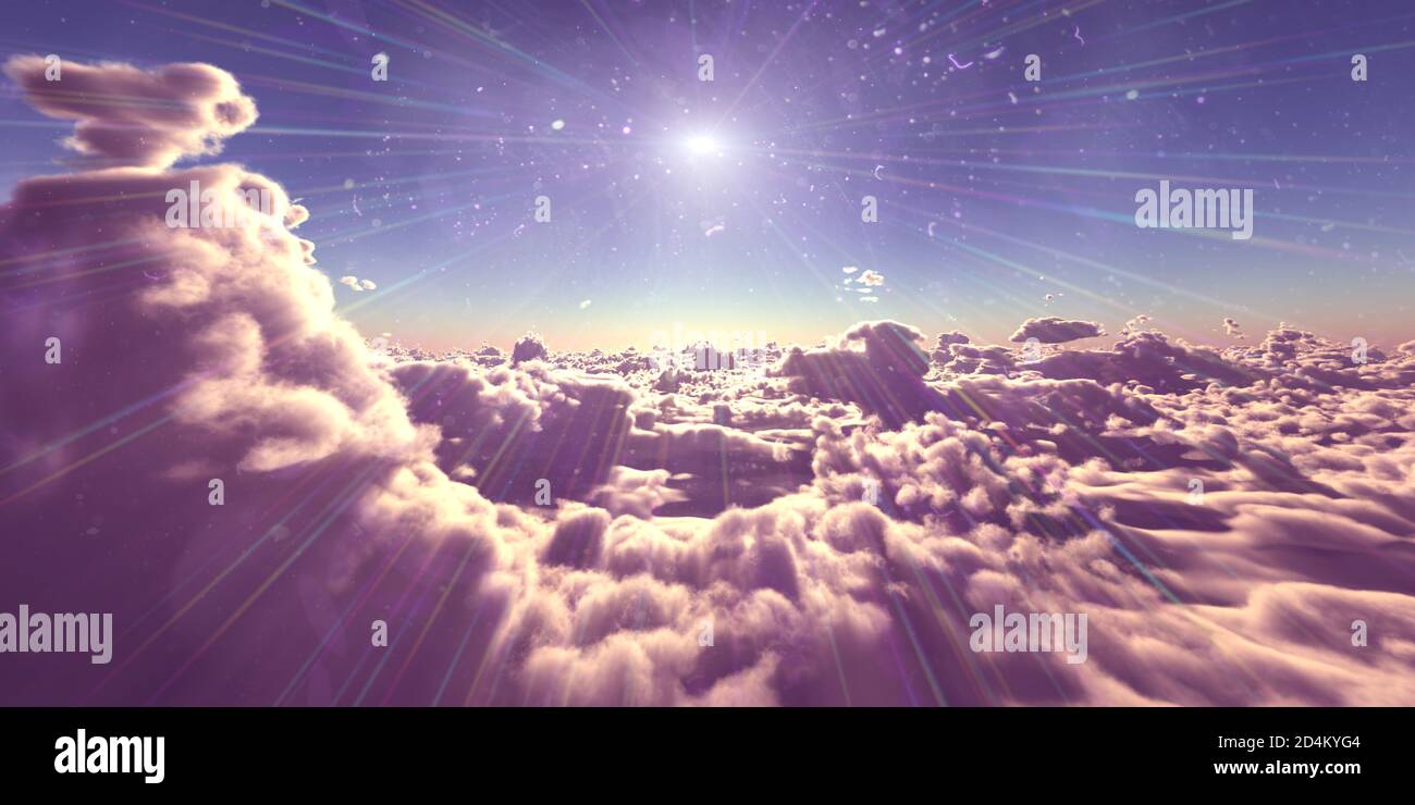 fly above clouds sunset landscape, 3d render illustration Stock Photo ...