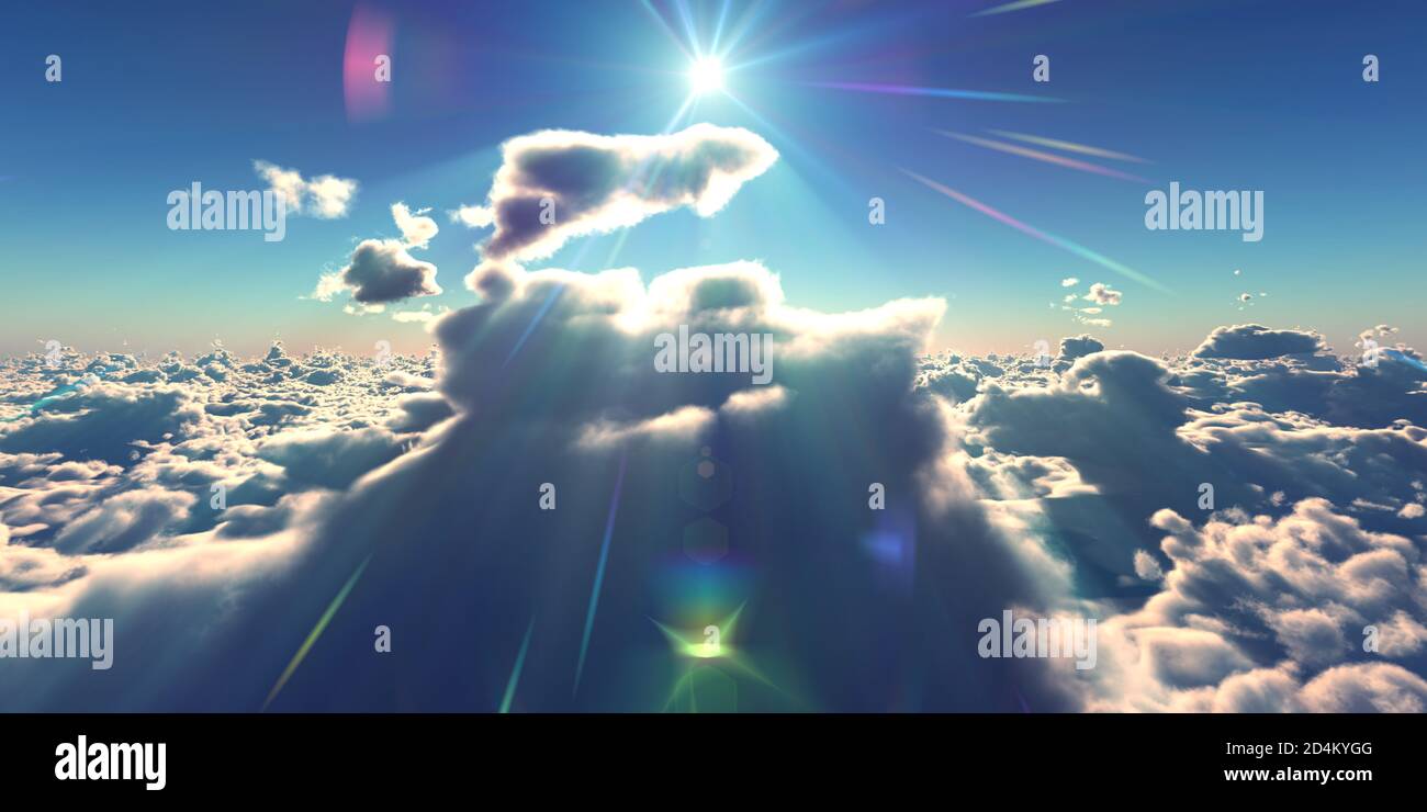 fly above clouds sunset landscape, 3d render illustration Stock Photo ...