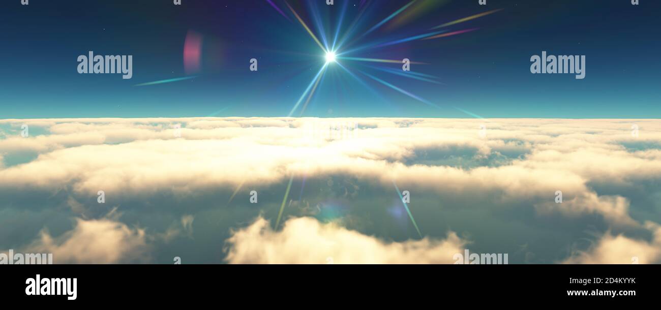 fly above clouds sunset landscape. 3d render illustration Stock Photo ...