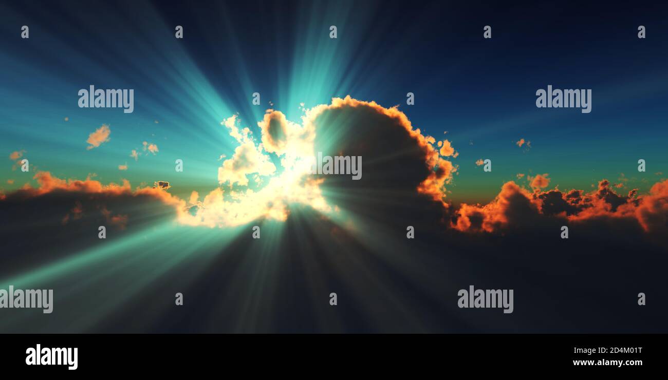 above clouds sun ray sunset. 3d render illustration Stock Photo - Alamy