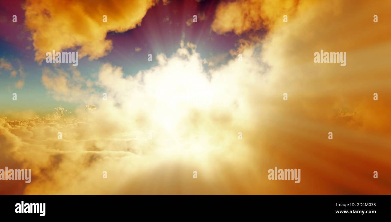 above clouds sun ray sunset. 3d render illustration Stock Photo - Alamy