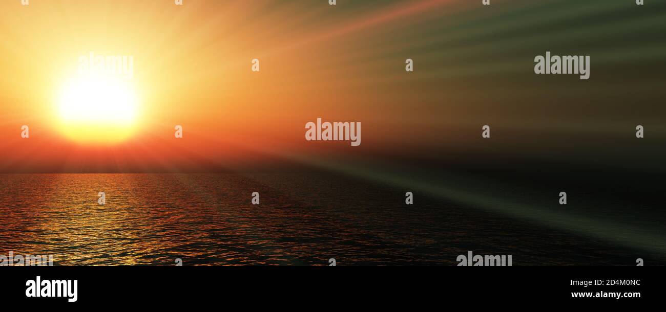 sunset sea sun ray clear sky, 3d rendering illustration Stock Photo - Alamy