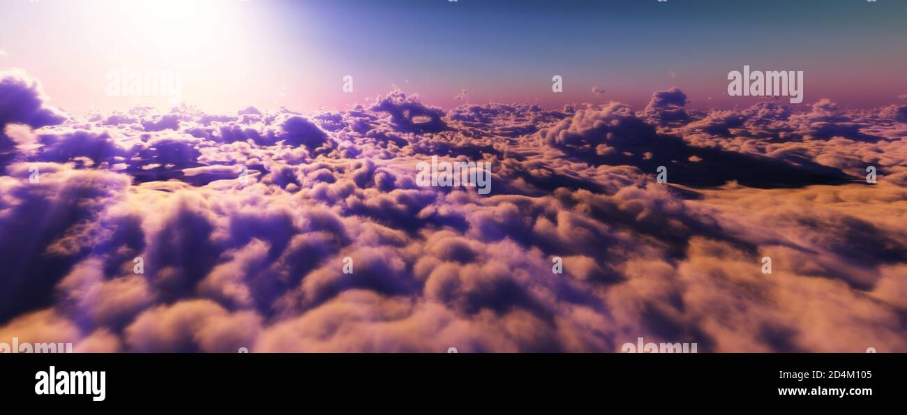 above clouds fly sunset sun ray illustration, 3d render Stock Photo - Alamy