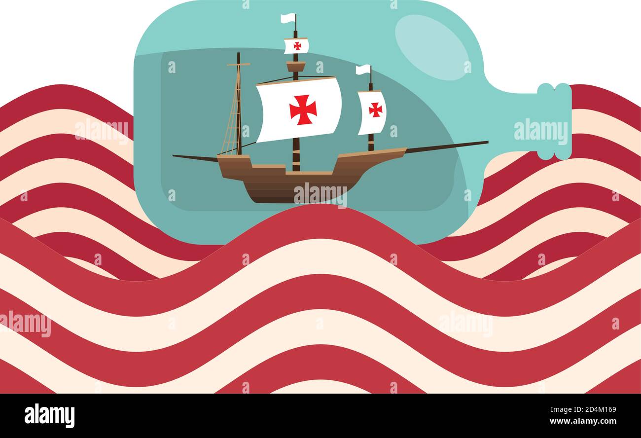 Christopher Columbus ship in bottle on striped sea design of america ...
