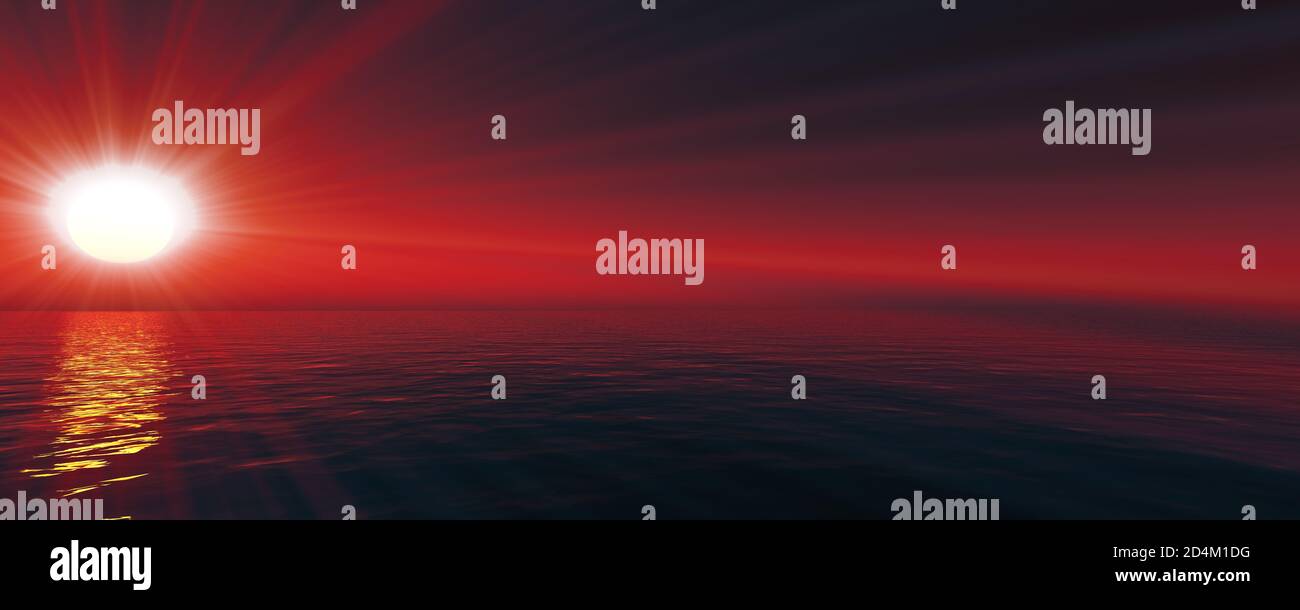 sunset sea sun ray clear sky, 3d rendering illustration Stock Photo - Alamy