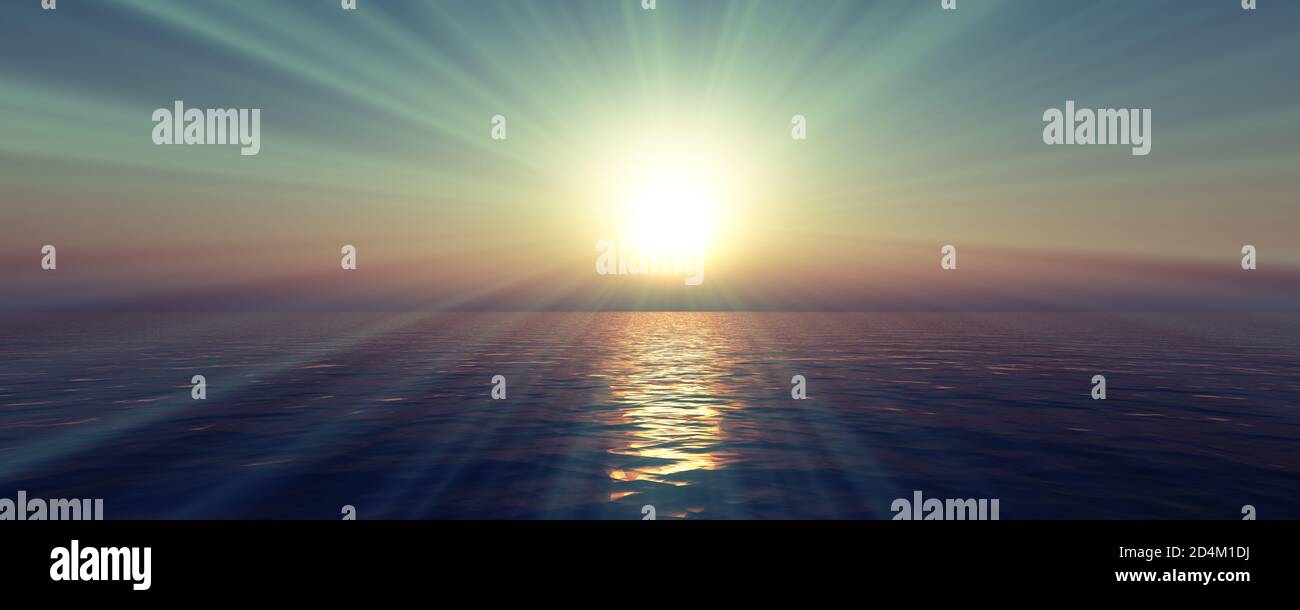 sunset sea sun ray clear sky, 3d rendering illustration Stock Photo - Alamy