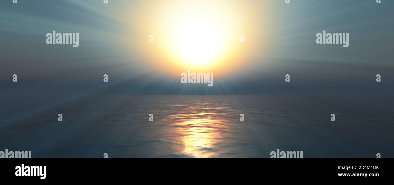sunset sea sun ray clear sky, 3d rendering illustration Stock Photo - Alamy