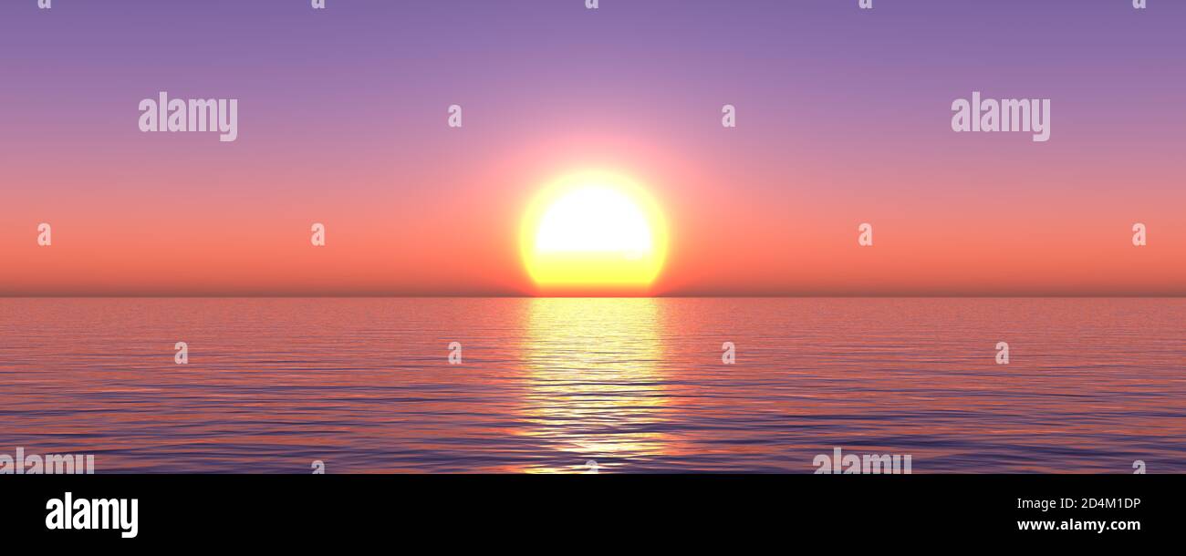 sunset sea sun ray clear sky, 3d rendering illustration Stock Photo - Alamy