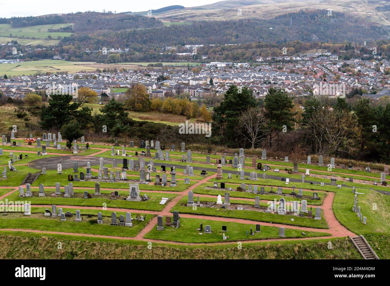 Aerial view of a graveyard in Scotland, the United Kingdom next to a ...