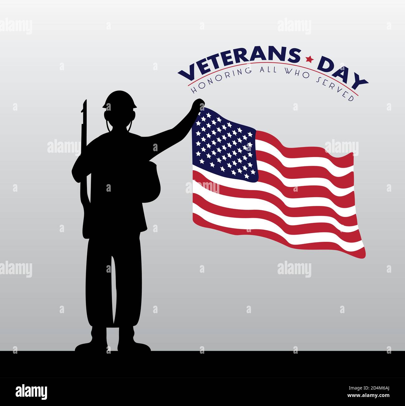 happy veterans day lettering with usa flag and soldier silhouette ...
