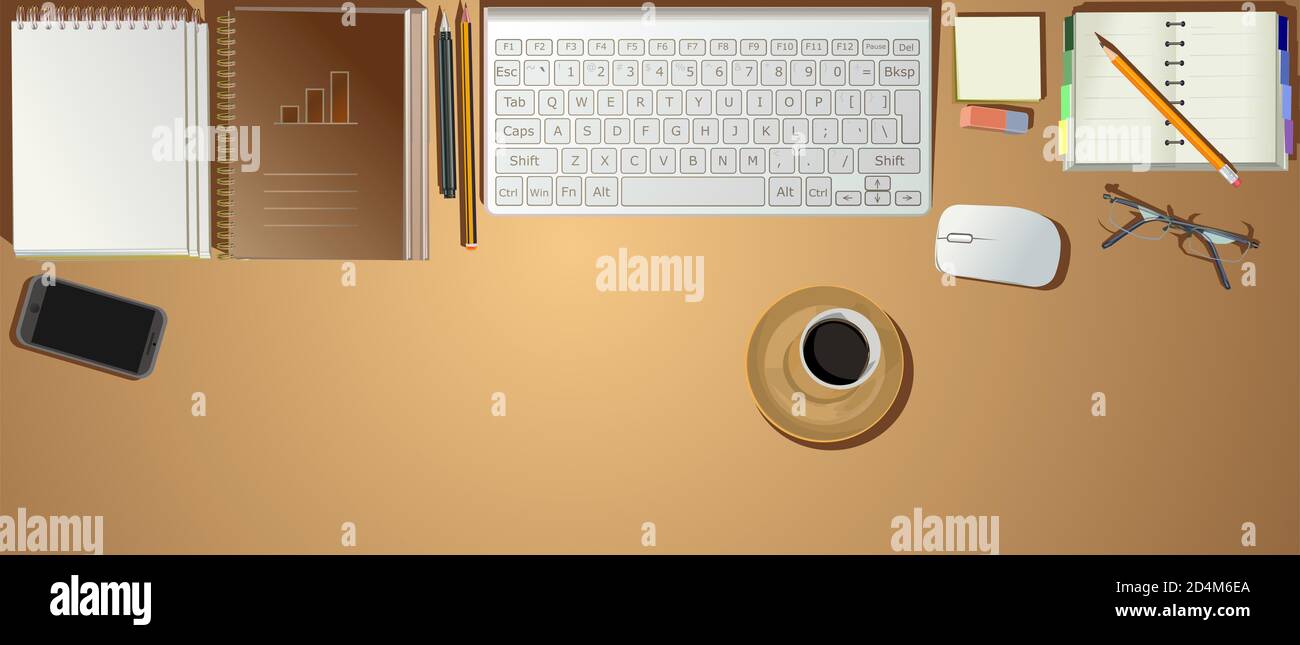Office desktop computer. Order. Desk top view background vector ...